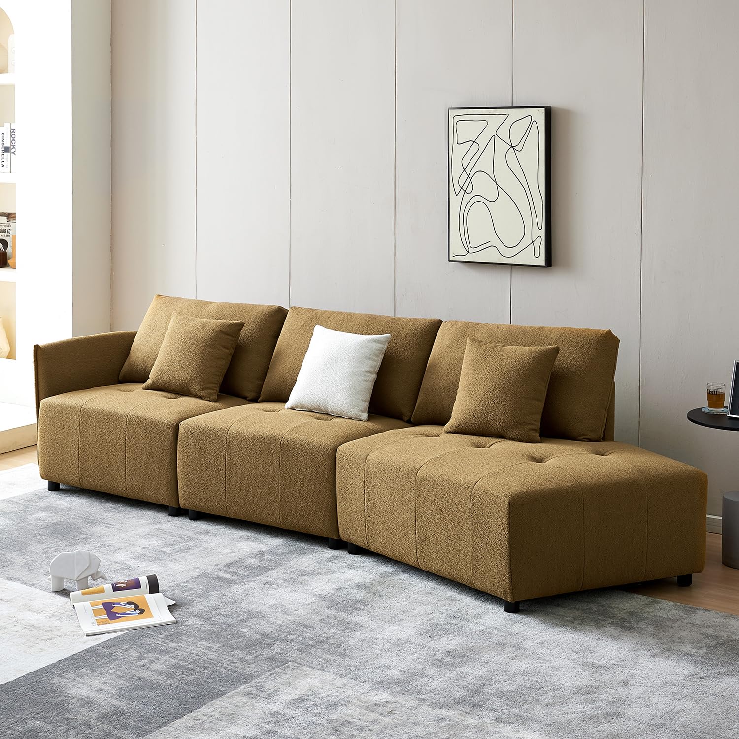 kevinplus 120'' Sectional Sofa Couch for Living Room, Modern Contemporary Sofa Couch with Curved Tufted Seat, Sofa Couch with Throw Pillow for Apartment, Teddy Fabric, Dark Yellow