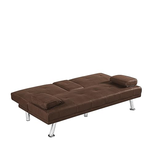 Haplized Leather Futon Sofa Bed, Convertible Folding Couch with Armrest and 2 Cupholders, Sofa Bed Couch for Living Room, Small Place (Coffee)