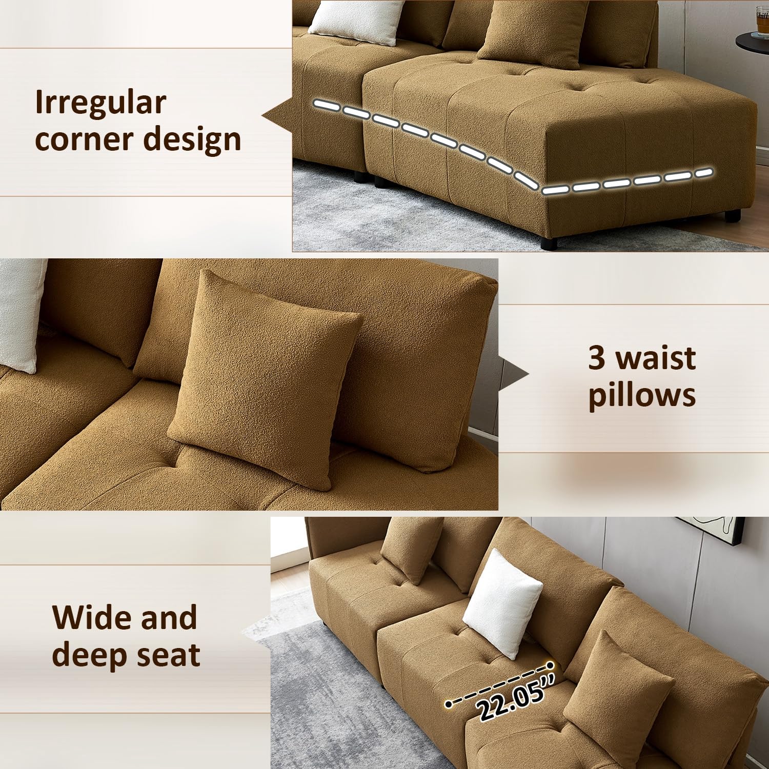 kevinplus 120'' Sectional Sofa Couch for Living Room, Modern Contemporary Sofa Couch with Curved Tufted Seat, Sofa Couch with Throw Pillow for Apartment, Teddy Fabric, Dark Yellow