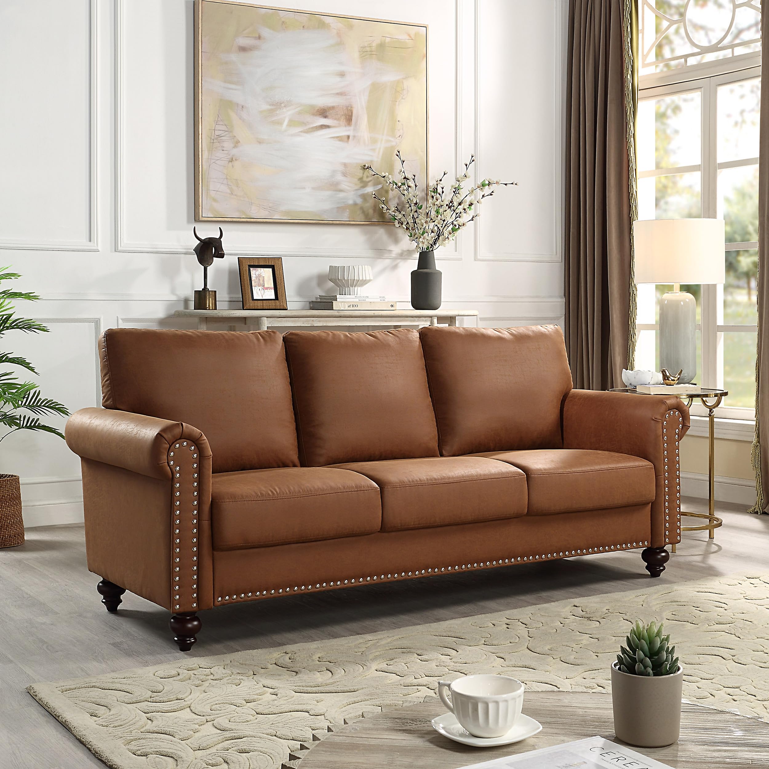 Livavege, 80" Mid-Century Modern, Breathable Faux Leather Upholstered Cushions/Pillows, 3-Seat Sofas & Couches for Living Room Apartment Office, Light Brown