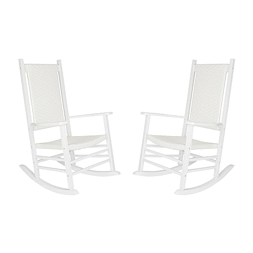 Shine Company Set of 2 Hampton Porch Rockers, High Back Wood Rocking Chairs, Rattan Backrest & Seat, 2-Pack, White