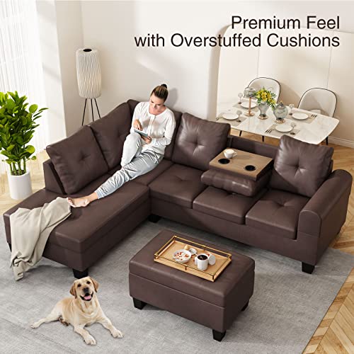AWQM Upholstered Sectional Sofa w/Chaise Lounge, Modern L Shaped Sofa Couch with Storage Ottoman Bench, PU Leather Sectional Couches with Cup Holder for Living Room Small Space