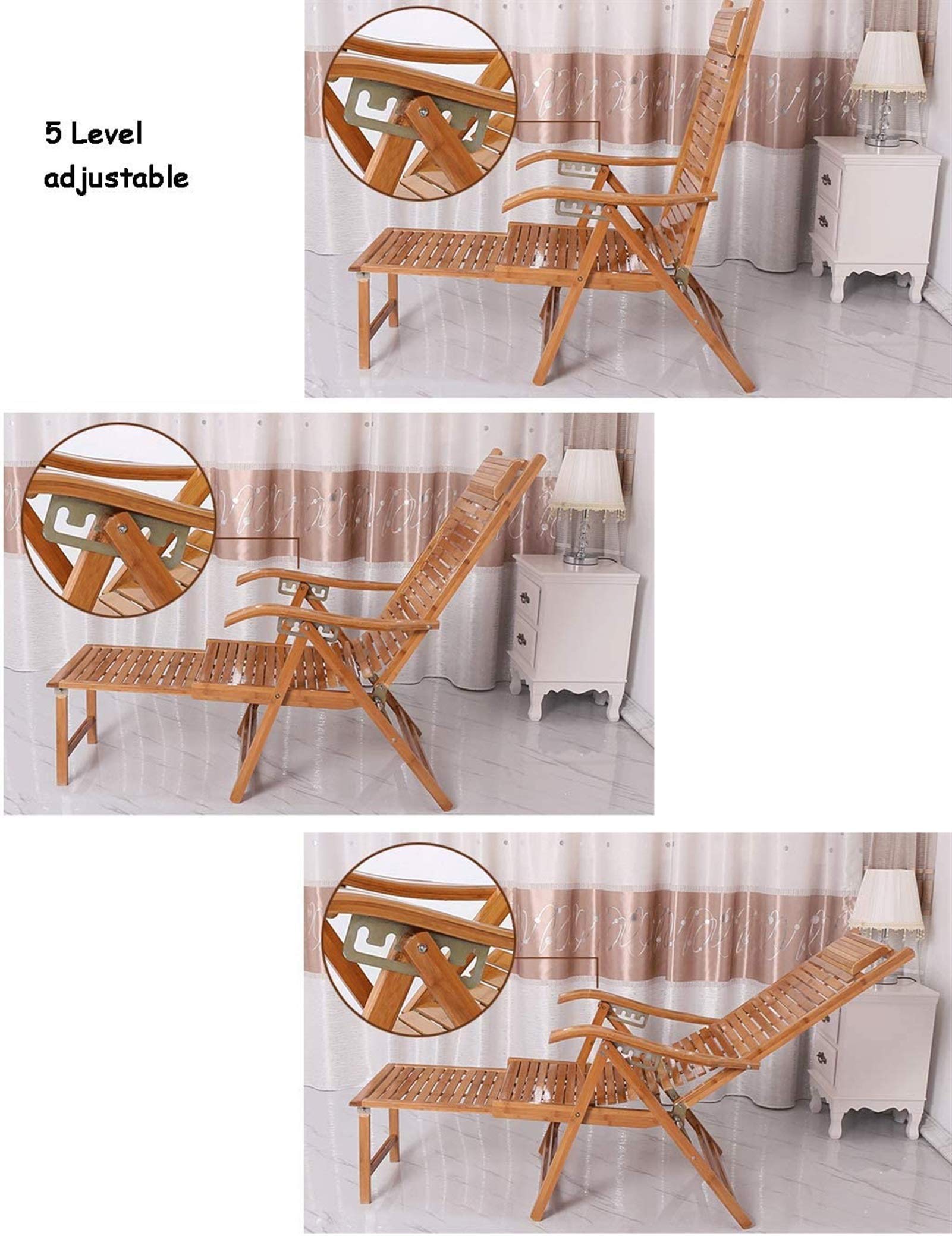Lounge Chair, Lightweight Lounge Chairs Folding Reclining Garden Deck Chair Sun Lounger Zero Chair Bamboo Backrest Beach Chairs Sun Bed Recliner with Brown Padded Adjustable Footrest Max.200kg