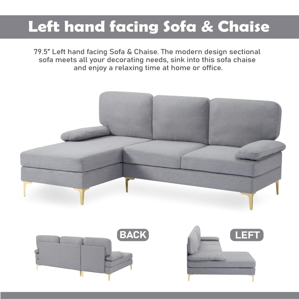 POCIYIHOME 79.5" Left Hand Facing Sectional Sofa Couch with 2 Detachable Armrest Pillows, Modern Fabric 3-Seater L Shape Chaise with Metal Legs for Living Room,Apartment,Office, Polyester, Light Grey