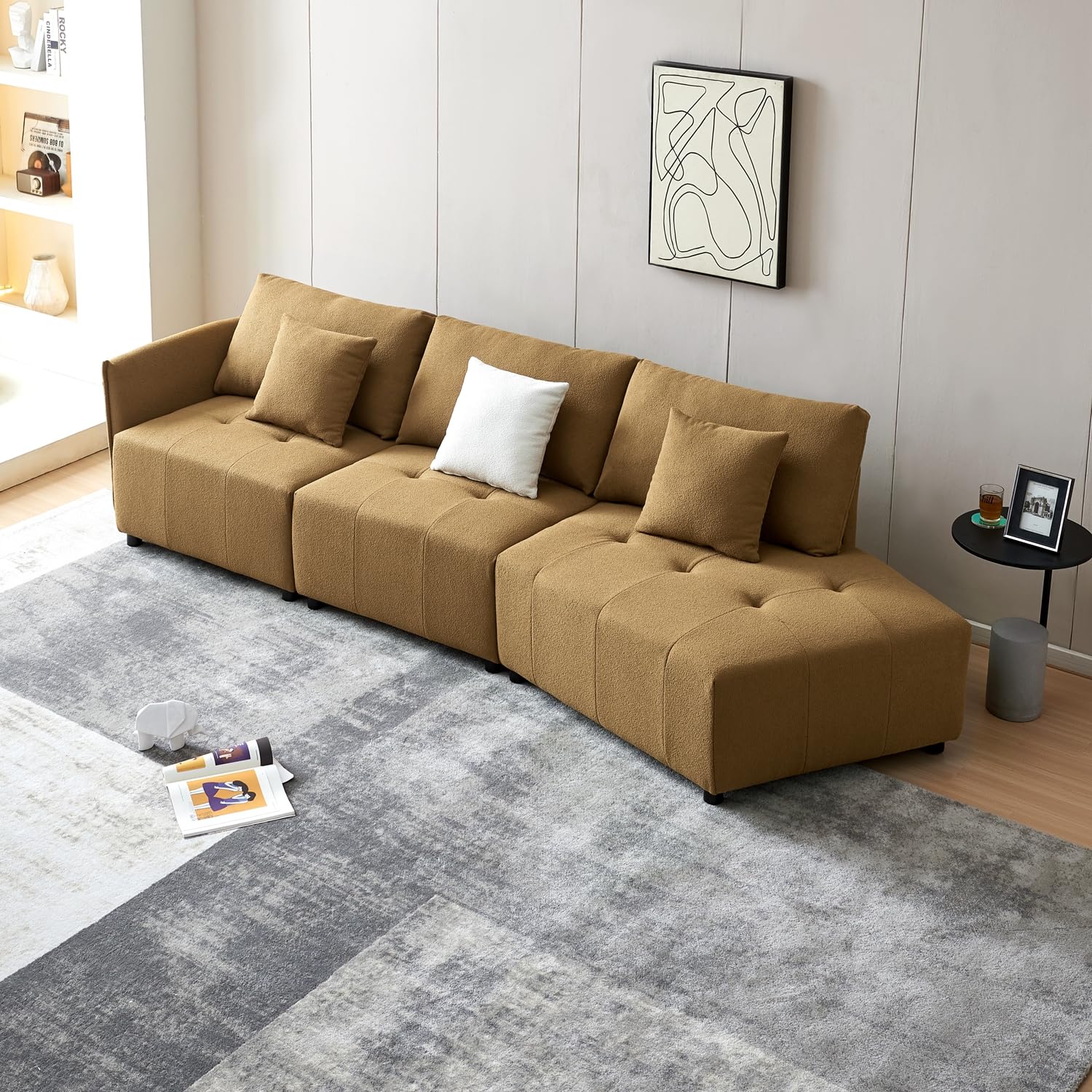 kevinplus 120'' Sectional Sofa Couch for Living Room, Modern Contemporary Sofa Couch with Curved Tufted Seat, Sofa Couch with Throw Pillow for Apartment, Teddy Fabric, Dark Yellow