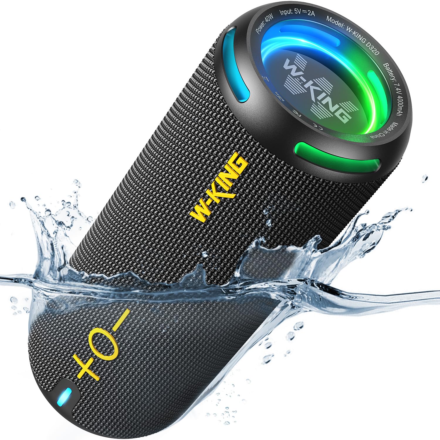 W-KING Bluetooth Speakers - IP67 Waterproof Outdoor Portable Wireless Speaker, Customized EQ APP/Deep Bass, 40W HD 360° Stereo Surround Sound with Lights/V5.3/DSP/TF/AUX, Dustproof for Shower, Camping
