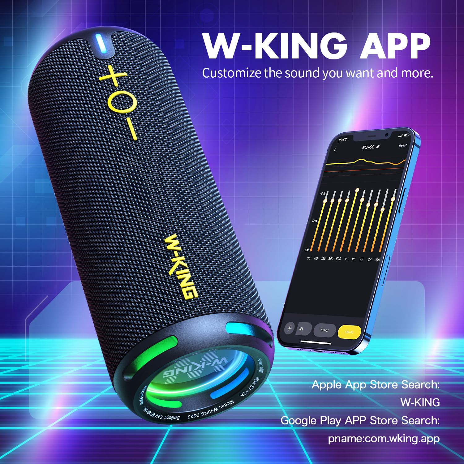 W-KING Bluetooth Speakers - IP67 Waterproof Outdoor Portable Wireless Speaker, Customized EQ APP/Deep Bass, 40W HD 360° Stereo Surround Sound with Lights/V5.3/DSP/TF/AUX, Dustproof for Shower, Camping