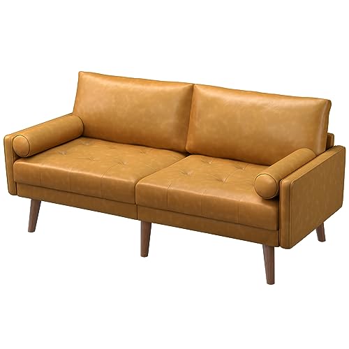 Koorlian Faux Leather Loveseat Sofa, 71inch Mid Century Modern Living Room Sofa, Button Tufted Seat Cushion, Fit for Bedroom, Small Spaces, Brown