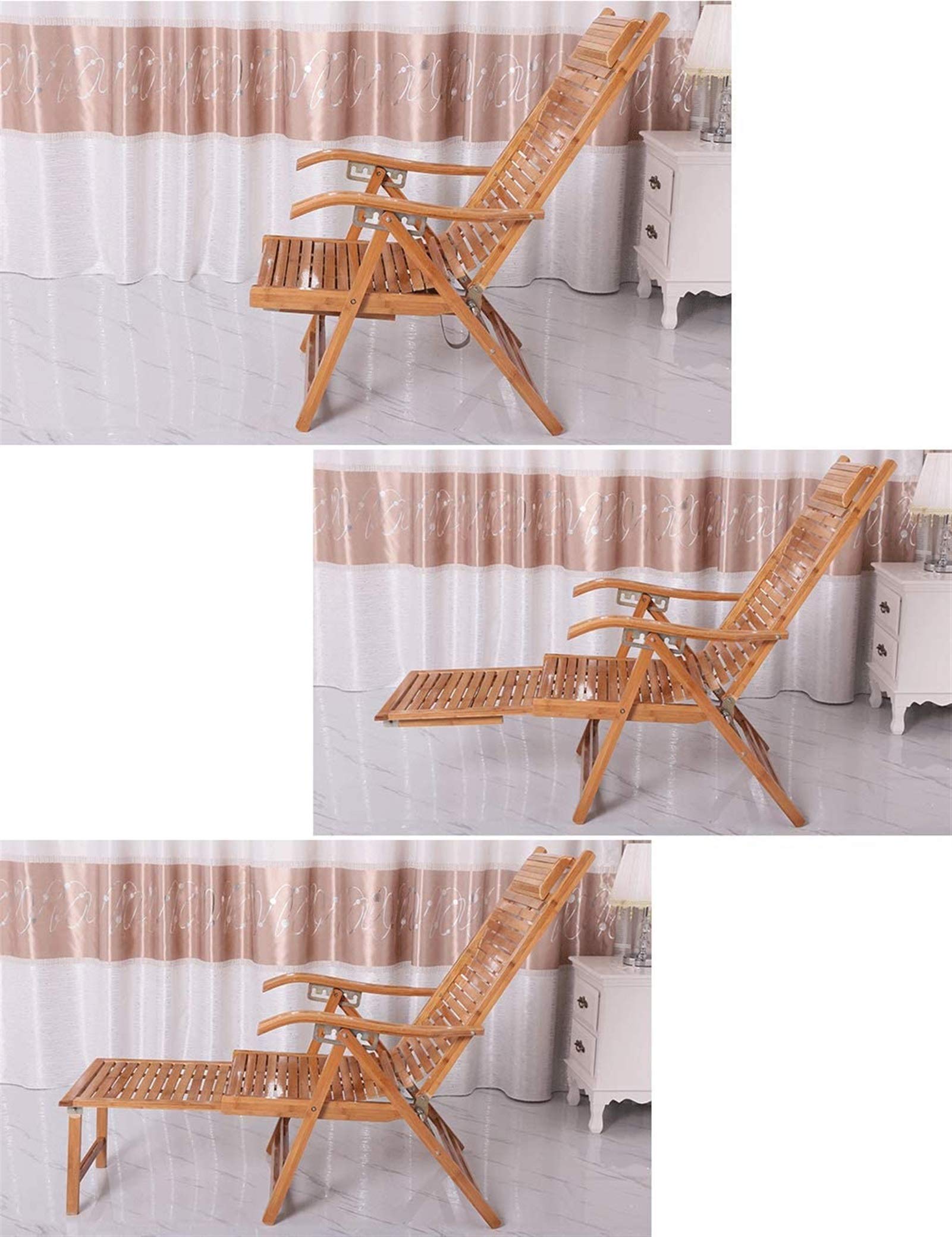 Lounge Chair, Lightweight Lounge Chairs Folding Reclining Garden Deck Chair Sun Lounger Zero Chair Bamboo Backrest Beach Chairs Sun Bed Recliner with Brown Padded Adjustable Footrest Max.200kg