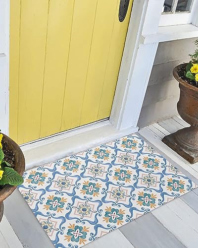 Front Entrance Floor Mats, Non Slip Bathroom/Kitchen Mat Absorbent Durable Small Rugs, St. Patrick's Day Four Leaf Clover Retro Tile Pattern Door Mat Indoor/Outdoor Carpet Shoes Scraper 16x24 inch