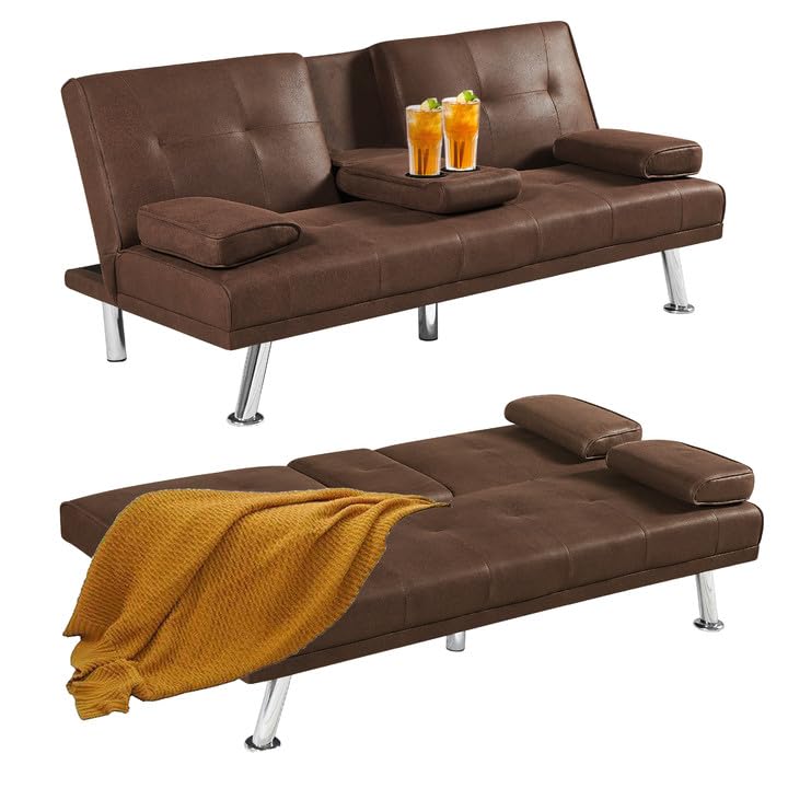 Haplized Leather Futon Sofa Bed, Convertible Folding Couch with Armrest and 2 Cupholders, Sofa Bed Couch for Living Room, Small Place (Coffee)