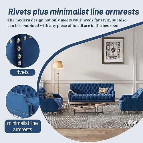 Merax, Blue 33.5" Modern Sofa Frosted Velvet Soft Upholstered Couch Loveseat with Metal Legs,Button Tufted Back for Living Room