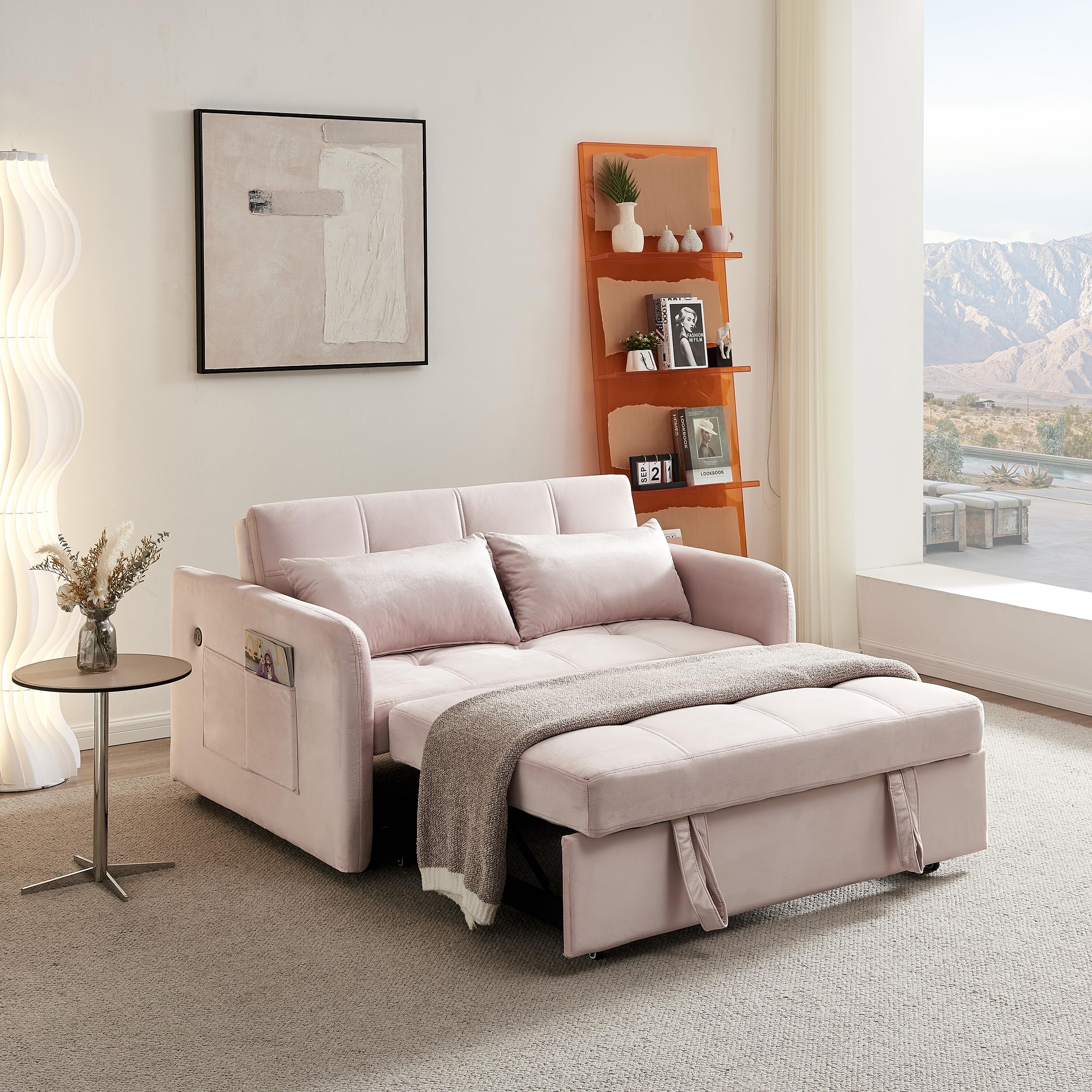Eafurn 3 in 1 Sleeper Couch Sofa Bed,Convertible Pull Out Loveseat with Adjustable Backrest and Side Pocket,Comfy 2 Seater Love Seat Lounge Futon Sofa & Couches for Living Room Apartment Small Places