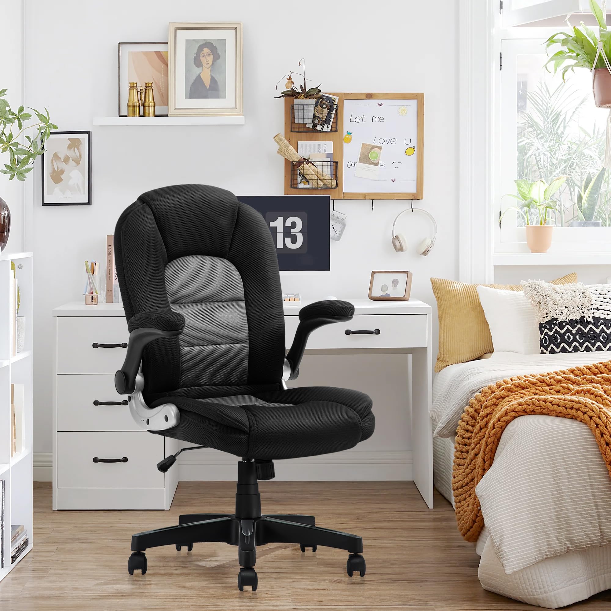 Seatingplus Executive Office Chair High Back Home Office Desk Chairs with Wheels and FILP-up Armrests, Comfortable Mesh Computer Chair, Black&Grey