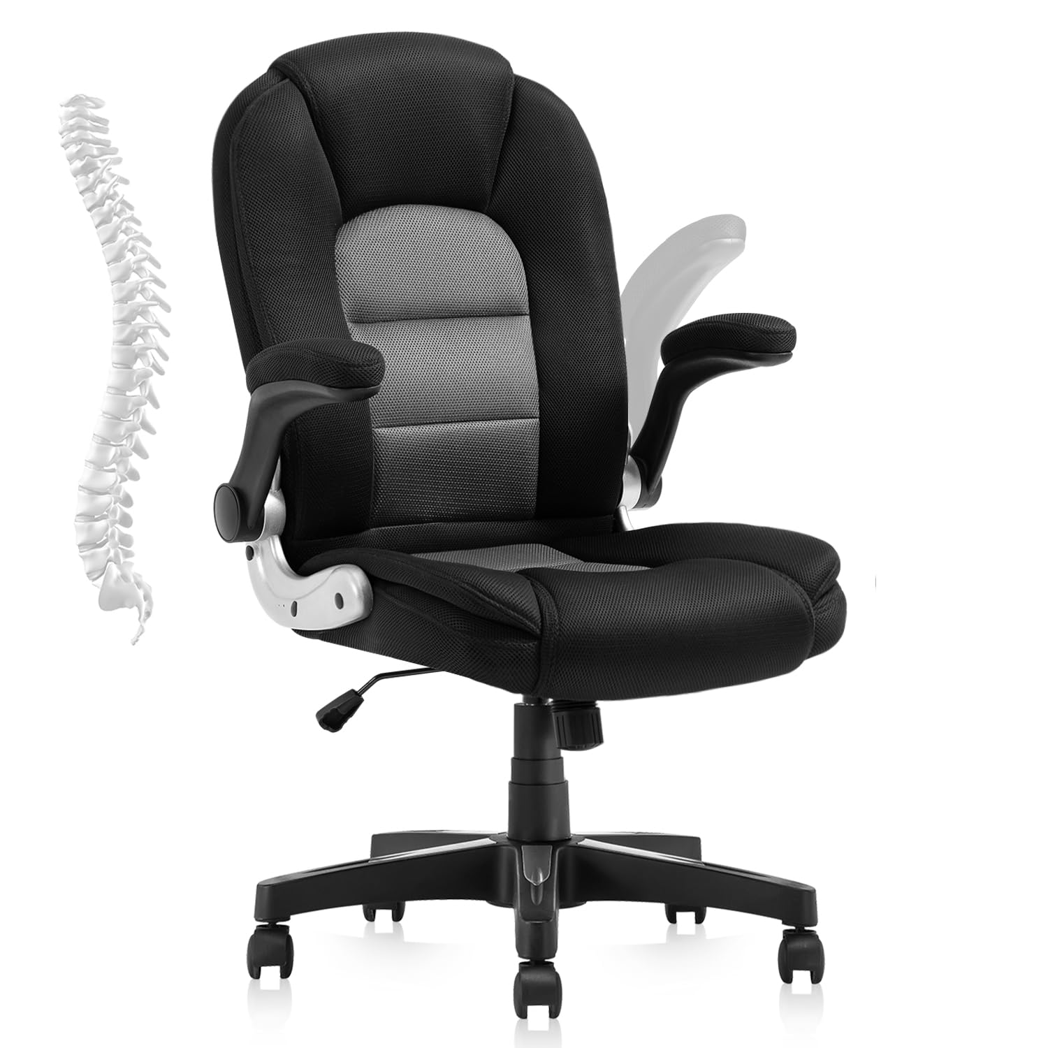 Seatingplus Executive Office Chair High Back Home Office Desk Chairs with Wheels and FILP-up Armrests, Comfortable Mesh Computer Chair, Black&Grey