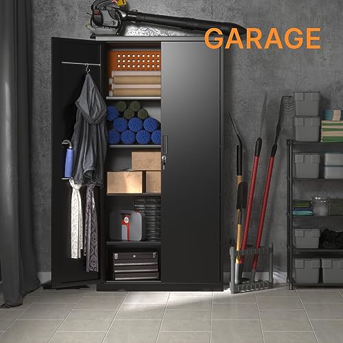 Metal Storage Cabinet - 72-Inch Black Lockable Garage Cabinet with Doors