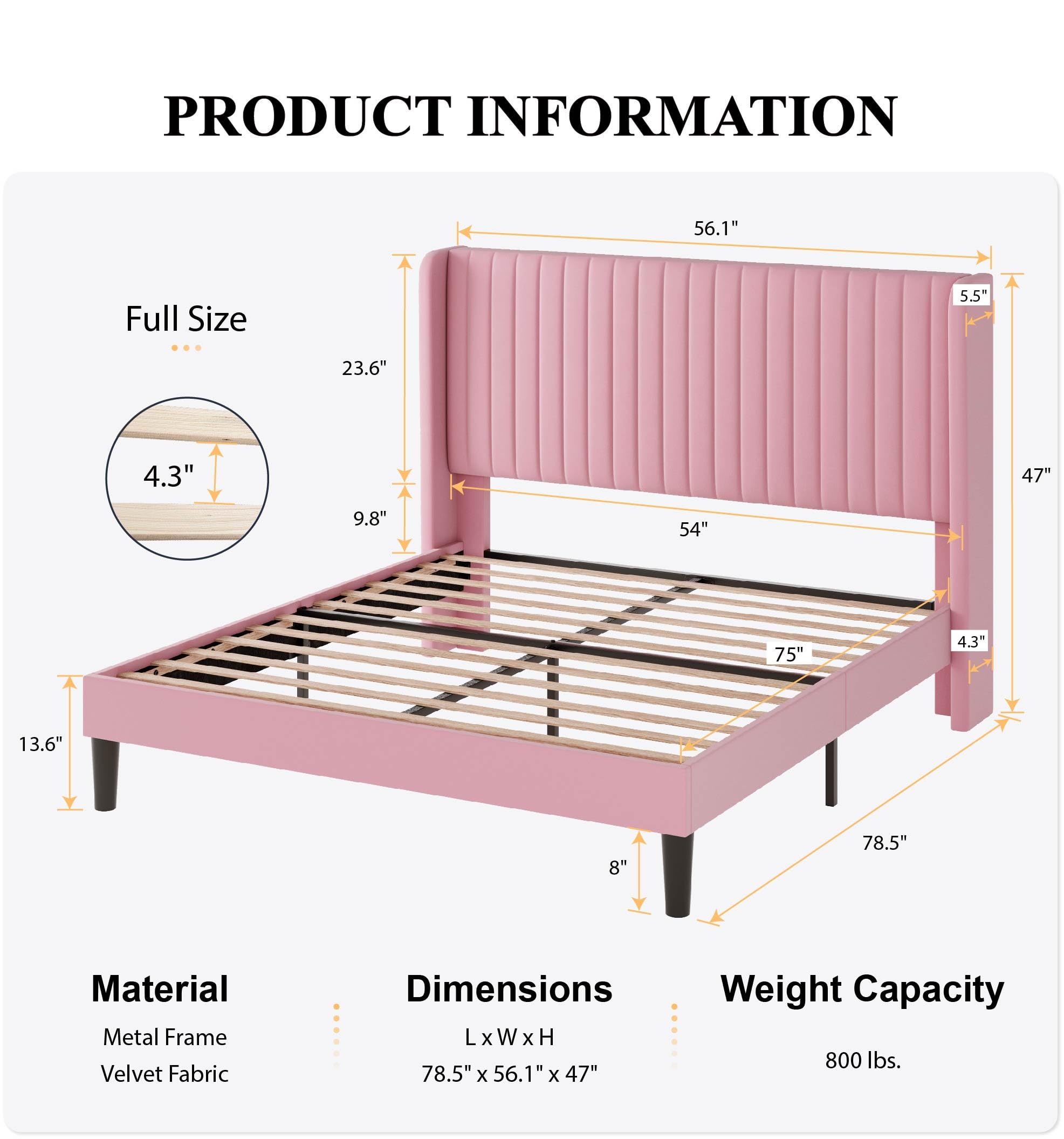 SHA CERLIN Full Size Velvet Bed Frame with Vertical Channel Tufted Wingback Headboard, Upholstered Platform Bed with Wood Slats, No Box Spring Needed, Easy Assembly, Pink
