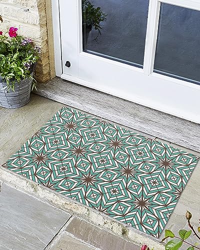 FAMILYDECOR Front Entrance Floor Mats, Non Slip Bathroom/Kitchen Mat Absorbent Durable Small Rugs, Vintage Arrangement of Ceramic Mosaic Tiles Geometric Artful Door Mat Indoor/Outdoor 20x32 inch