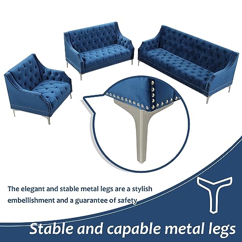 Merax, Blue 33.5" Modern Sofa Frosted Velvet Soft Upholstered Couch Loveseat with Metal Legs,Button Tufted Back for Living Room