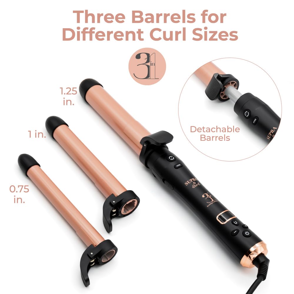 SRI Supra Curl 3 in 1 Curling Iron - Dual Voltage - 3 Barrel Sizes - Auto-Curling Button - Lightweight - Ceramic Barrels for Even Heat Distribution