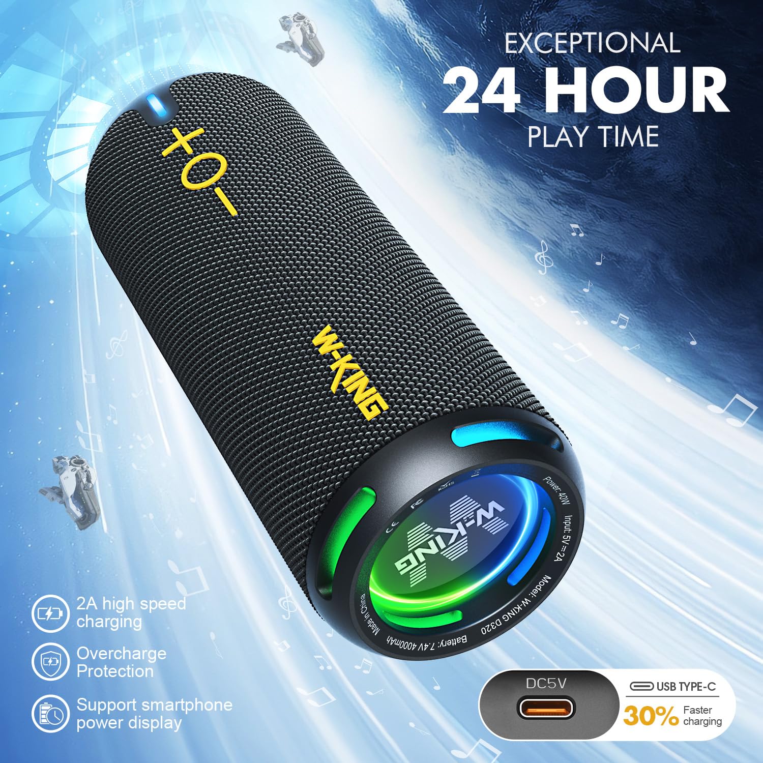 W-KING Bluetooth Speakers - IP67 Waterproof Outdoor Portable Wireless Speaker, Customized EQ APP/Deep Bass, 40W HD 360° Stereo Surround Sound with Lights/V5.3/DSP/TF/AUX, Dustproof for Shower, Camping