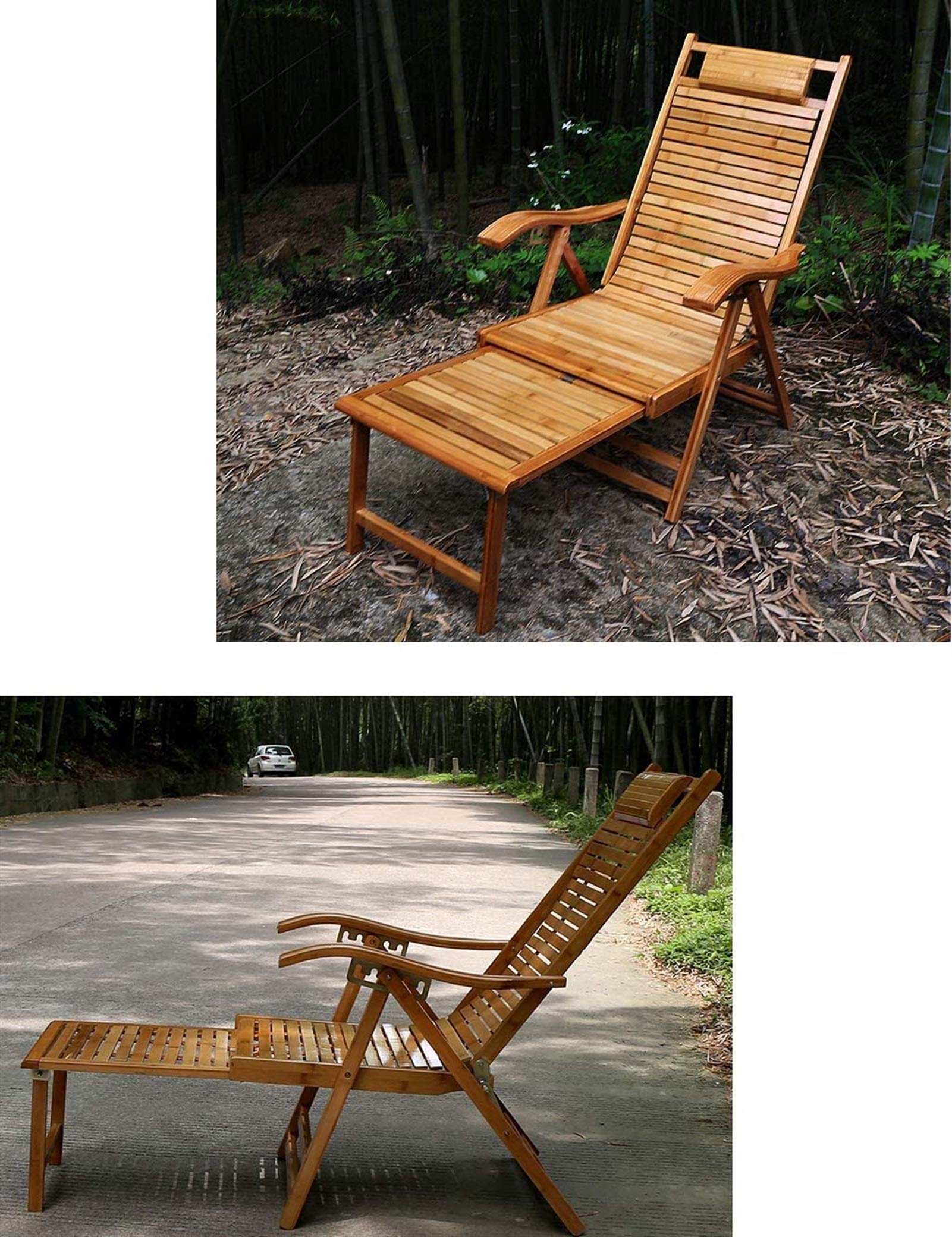 Lounge Chair, Lightweight Lounge Chairs Folding Reclining Garden Deck Chair Sun Lounger Zero Chair Bamboo Backrest Beach Chairs Sun Bed Recliner with Brown Padded Adjustable Footrest Max.200kg