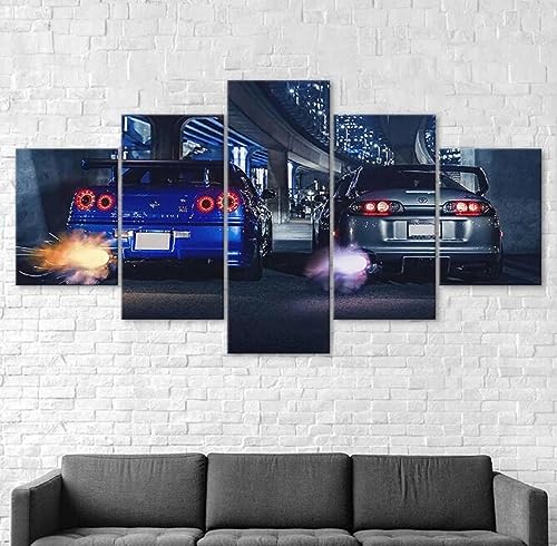 Posters Prints GTR Vs Supra Race Cars Canvas 5 Piece Five Panel Print Modern Wall Art Poster Picture Home Decor Gift (size 2) Frameless