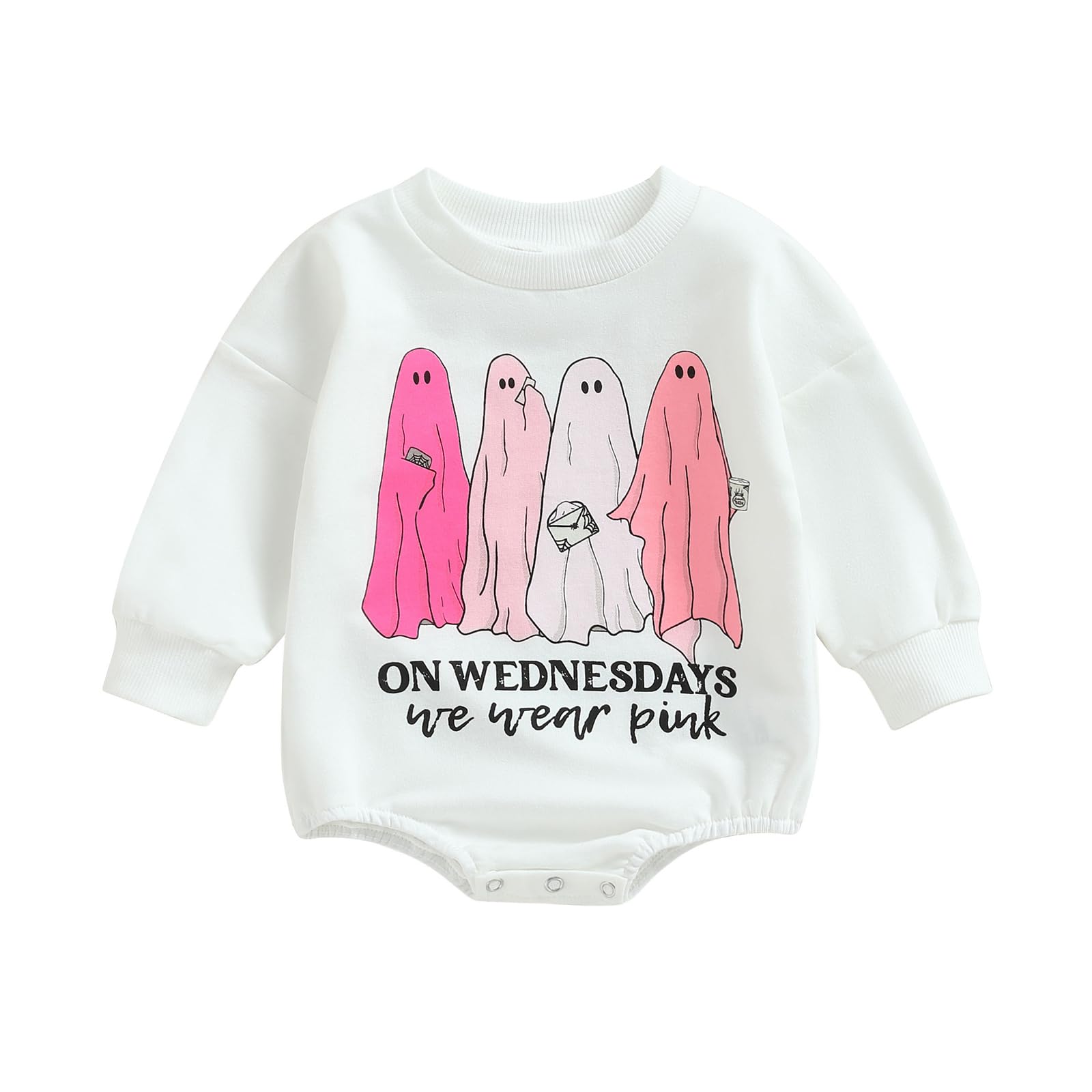 Karuedoo Halloween Baby Boy Girl Clothes Pumpkin Romper Sweatshirt Romper Crewneck Oversized Long Sleeve Bodysuit Outfit (On Wednesdays We Wear Pink, 0-3 Months)