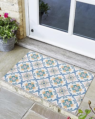 Front Entrance Floor Mats, Non Slip Bathroom/Kitchen Mat Absorbent Durable Small Rugs, St. Patrick's Day Four Leaf Clover Retro Tile Pattern Door Mat Indoor/Outdoor Carpet Shoes Scraper 16x24 inch