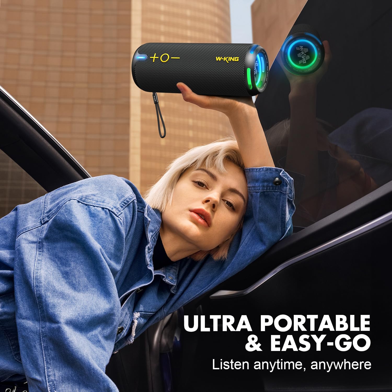 W-KING Bluetooth Speakers - IP67 Waterproof Outdoor Portable Wireless Speaker, Customized EQ APP/Deep Bass, 40W HD 360° Stereo Surround Sound with Lights/V5.3/DSP/TF/AUX, Dustproof for Shower, Camping