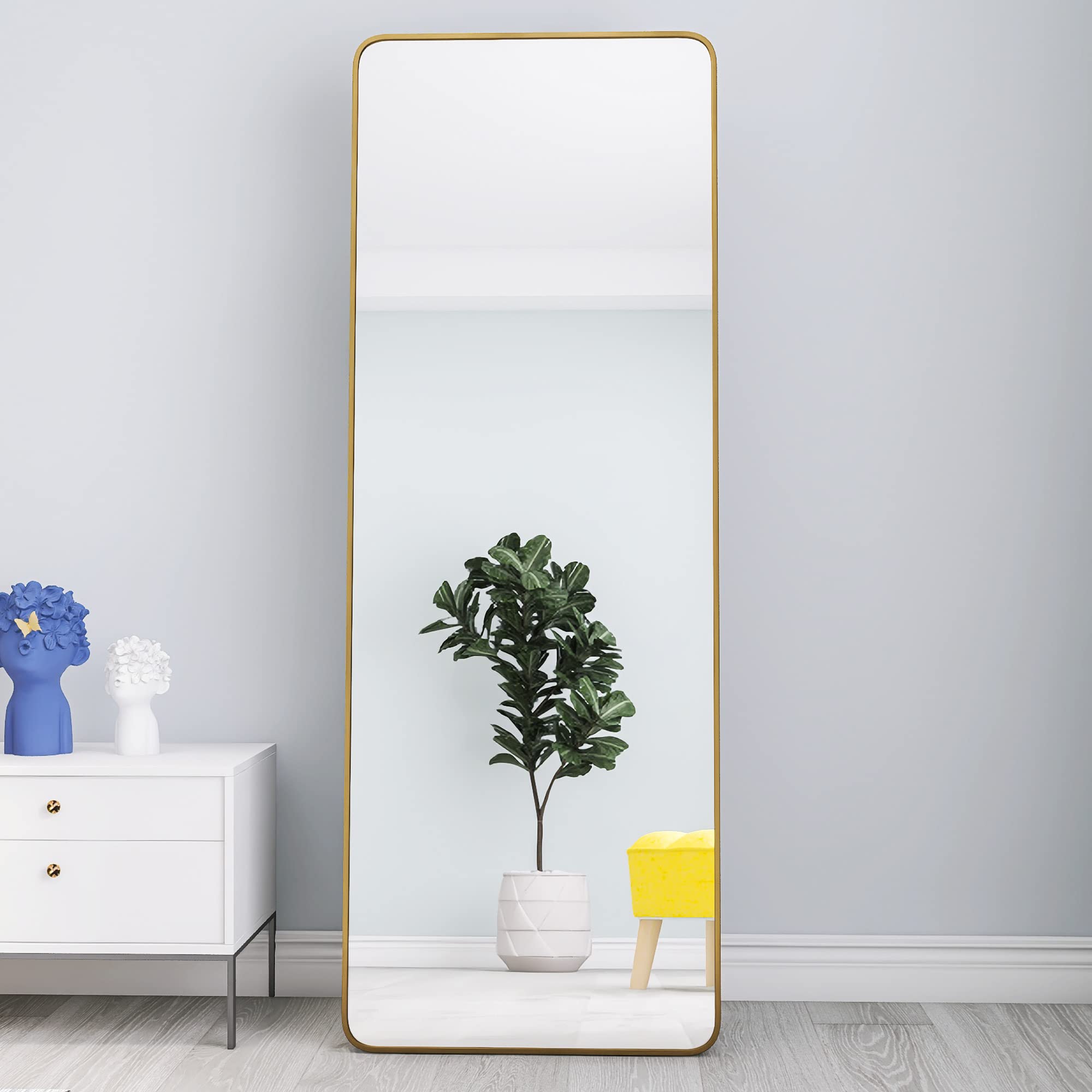 Argus Le Square Rounded Corners Full Length Mirror Floor Mirror Hanging Standing or Leaning, Bedroom Mirror Wall-Mounted Mirror Dressing Mirror with Gold Aluminum Alloy Frame,65" x 22",Gold