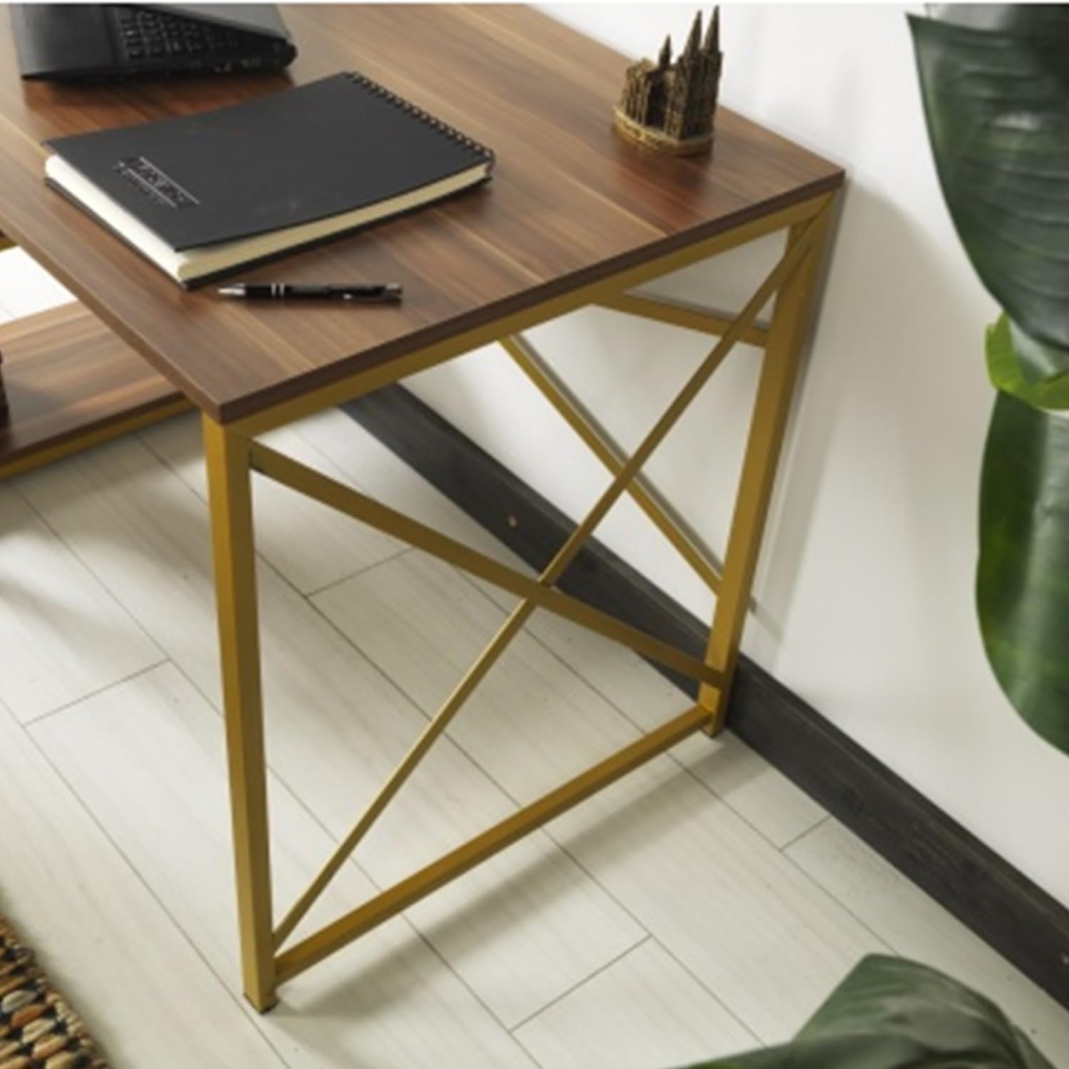 Complete Computer Workstation Desk with Storage Furnish Home Store Gold Metal Frame 47" Wooden Top 2 Shelves Writing and Computer Desk for Home Office (Black)