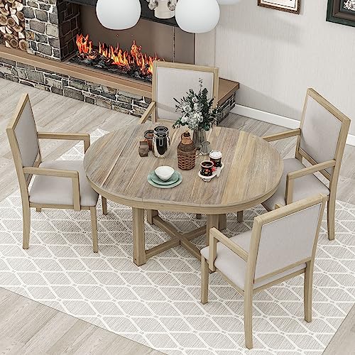 WOZNLA Room 5-Piece Set-Round to Oval Extendable Butterfly Leaf Table with 4 Upholstered Dining Chairs with Armrests for Kitchen and Family, Natural Wood Wash