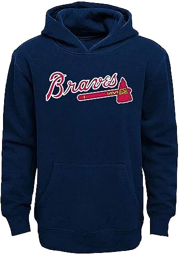 MLB Kids Youth 8-20 Officially Licensed Embroidered Team Wordmark Logo Fleece Pullover Hoodie Sweatshirt (as1, numeric, numeric_8, regular, Atlanta Braves - Navy)