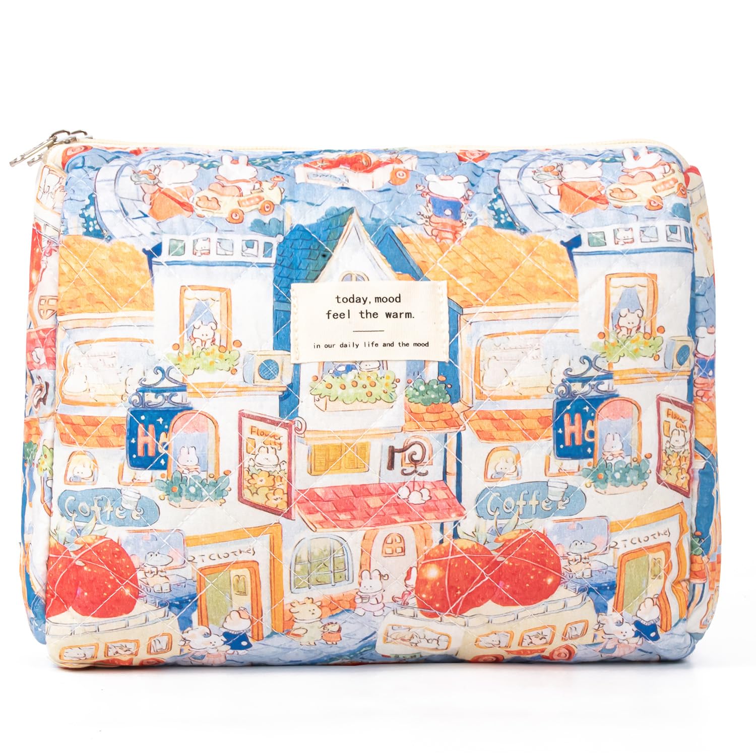 Cotton Quilted Makeup Bag Cut Cosmetic Pouch Large Capacity Flap Handheld Travel Cosmetic Bag Kawaii Coquette Aesthetic Floral Toiletry Bag for Women (Bunny)