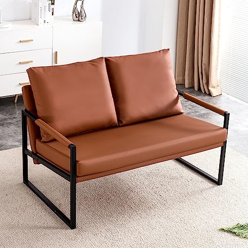 FANYE Modern Upholstered 2 Seaters Soft Love, Accent Deep Seat Loveseat Double Sofa & Couch for Home Office Apartment Small Space Living Room Furniture Set Sectional, Brown PU Leather 48" W