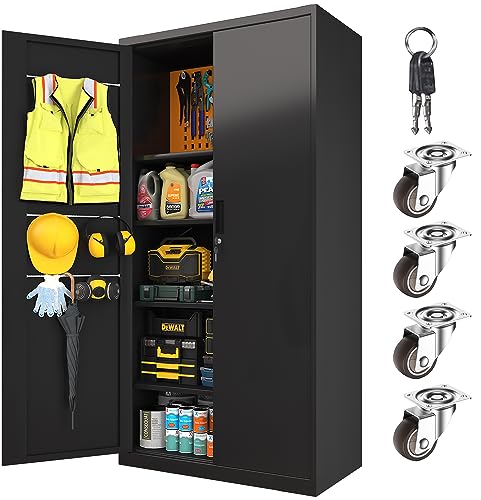 Metal Storage Cabinet - 72-Inch Black Lockable Garage Cabinet with Doors