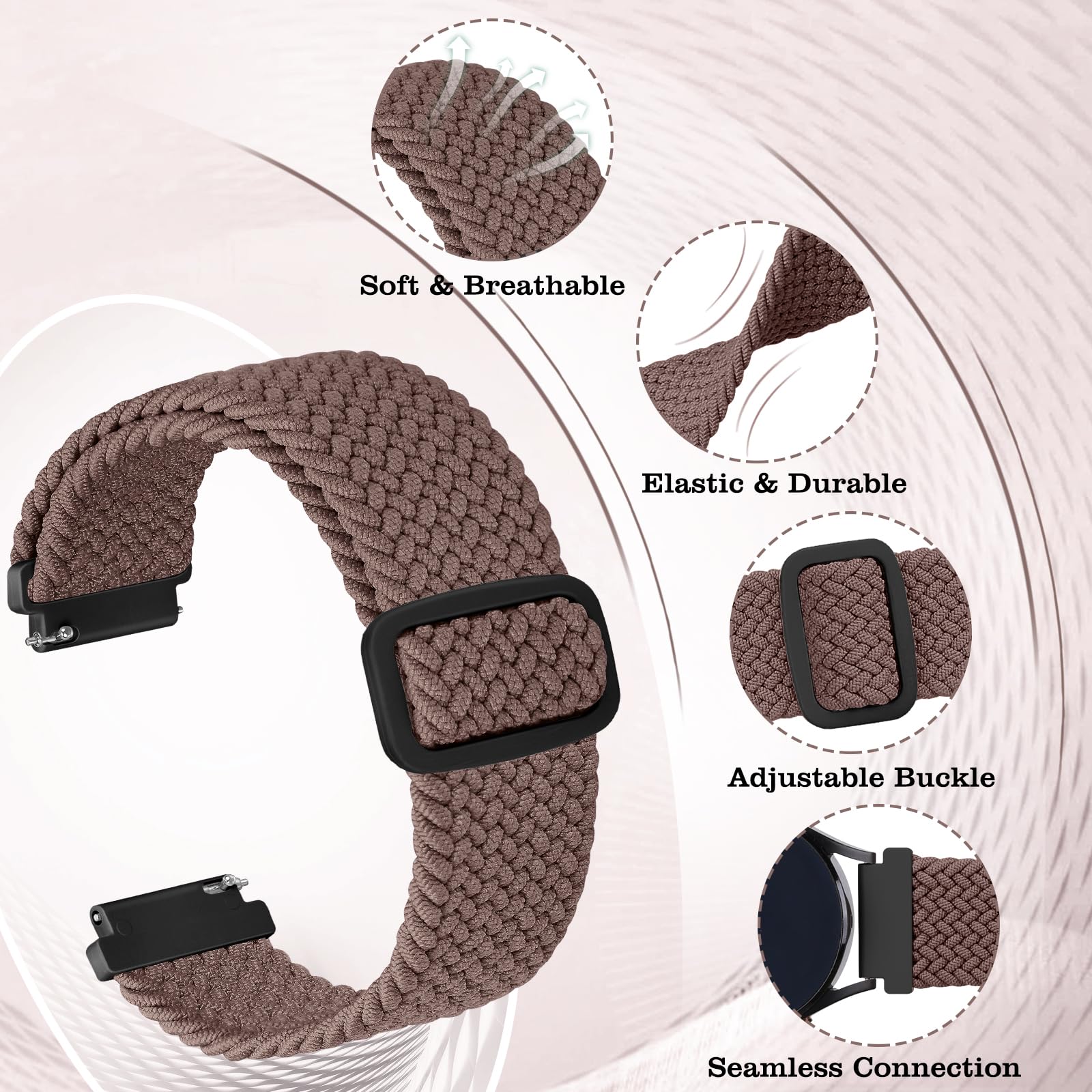 VNDAPT 20mm Elastic Braided Band Compatible with Samsung Galaxy Watch 6/5/4 40mm 44mm,Galaxy Watch 6 Classic/Watch 4 Classic, Adjustable Stretchy Sport Strap for Galaxy Active 2 40mm 44mm/Watch 3 41mm