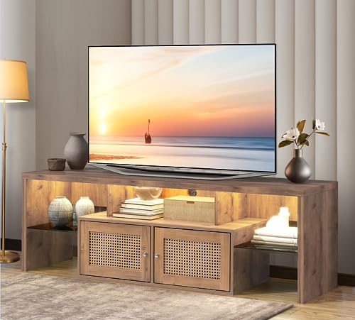 Lyromix LED TV Stand for Televisions up to 70 Inches Modern Rattan Entertainment Center with Cabinet Storage and 2 Door, Large Boho Media Console Table for Living Room, Natural