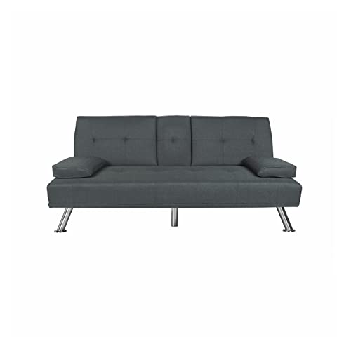 Tufted Futon Loveseat Sofa Couch with Cup Holders Convertible Linen Upholstered Sleeper Guest Bed Folding Recliner Twin Size Small Love 2-Seat Sofá,Metal Legs,Removable Soft Pillow-Top Armrest