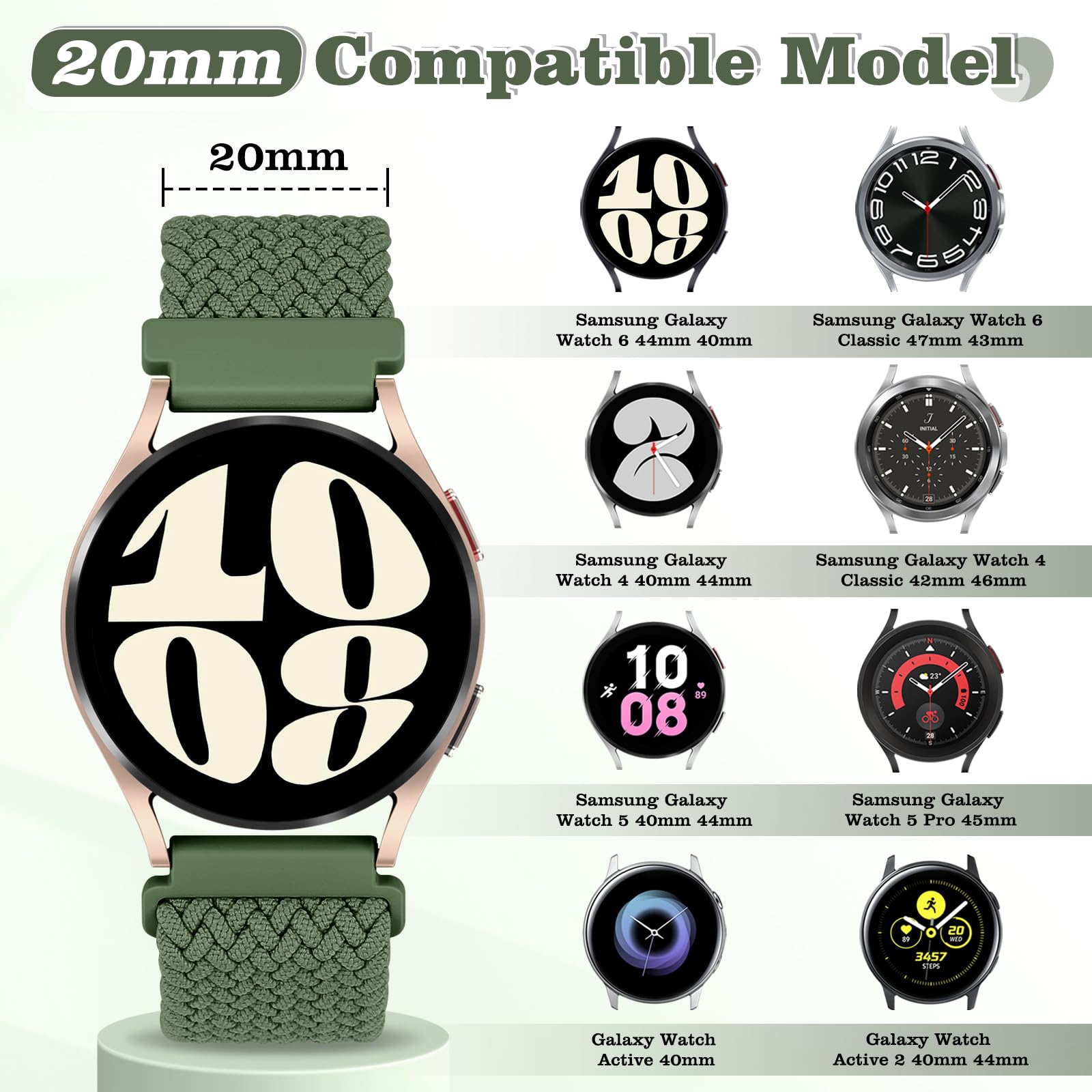 VNDAPT 20mm Elastic Braided Band Compatible with Samsung Galaxy Watch 6/5/4 40mm 44mm,Galaxy Watch 6 Classic/Watch 4 Classic, Adjustable Stretchy Sport Strap for Galaxy Active 2 40mm 44mm/Watch 3 41mm