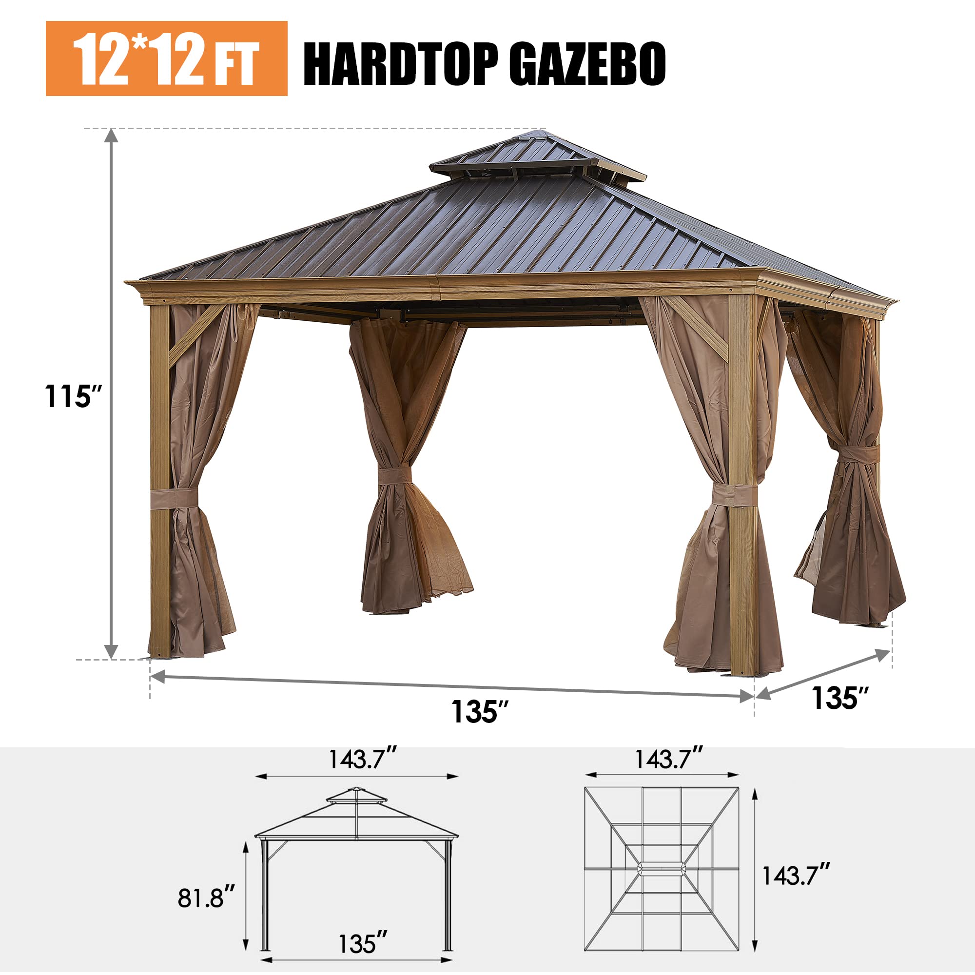 RITSU 12'*12' Gazebo, Permanent Hardtop Outdoor Gazebo, Aluminum Gazebo with Steel Canopy, Removable Mosquito Netting on All Sides, for Patio, Garden, Backyard, Bronze