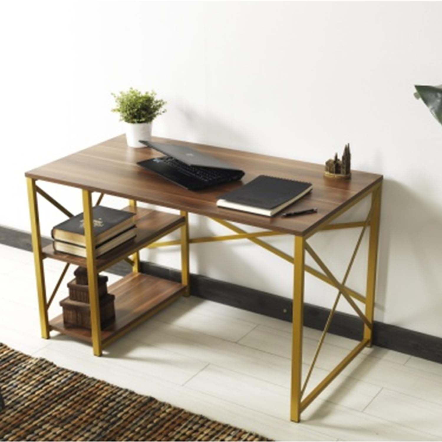 Complete Computer Workstation Desk with Storage Furnish Home Store Gold Metal Frame 47" Wooden Top 2 Shelves Writing and Computer Desk for Home Office (Black)