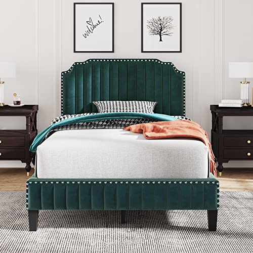 Livavege Full Size Bed Frame, Velvet Upholstered Full Platform Bed Frames with Curved Headboard, Mattress Foundation/Strong Wooden Slats Support/No Box Spring Needed/Easy Assembly, Green