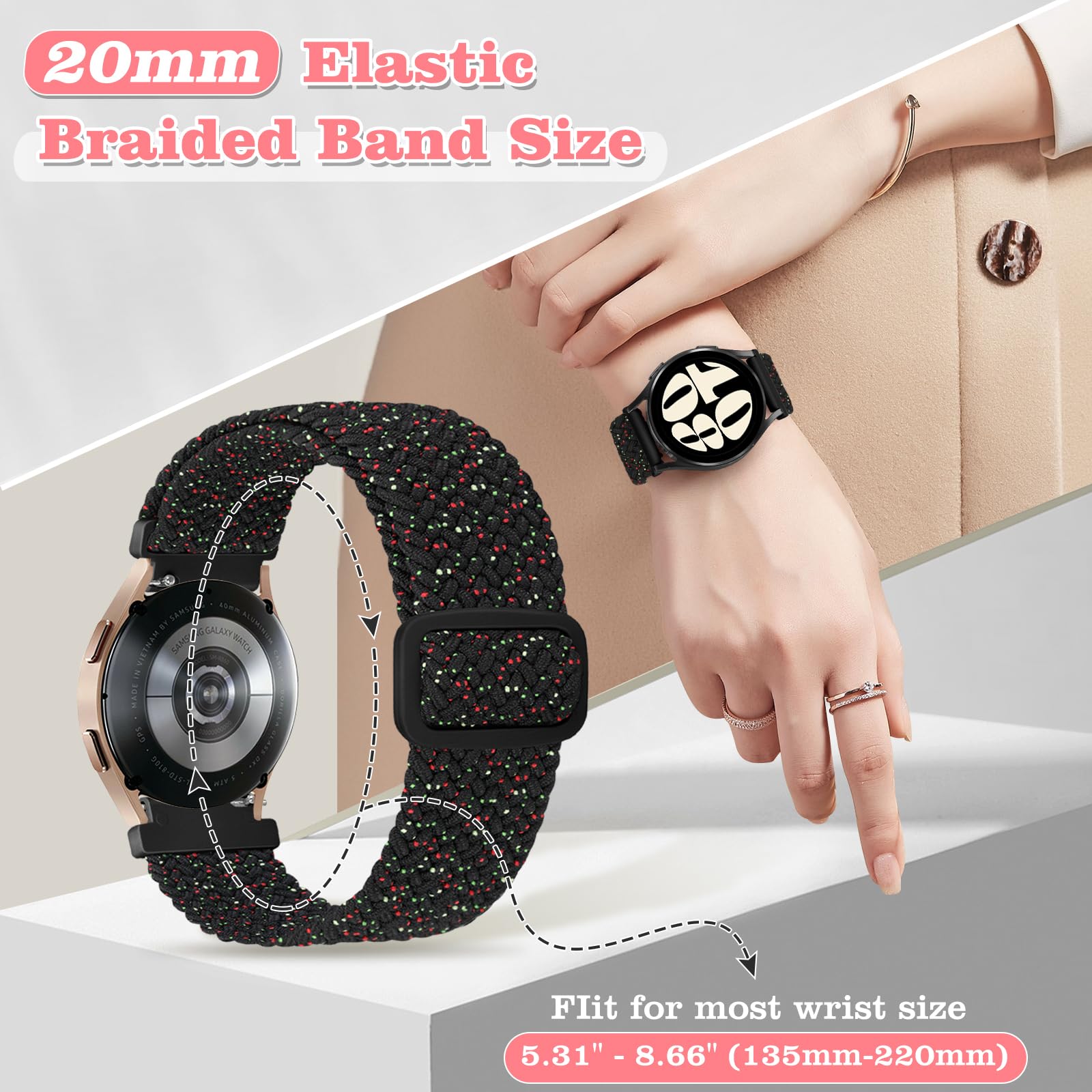 VNDAPT 20mm Elastic Braided Band Compatible with Samsung Galaxy Watch 6/5/4 40mm 44mm,Galaxy Watch 6 Classic/Watch 4 Classic, Adjustable Stretchy Sport Strap for Galaxy Active 2 40mm 44mm/Watch 3 41mm