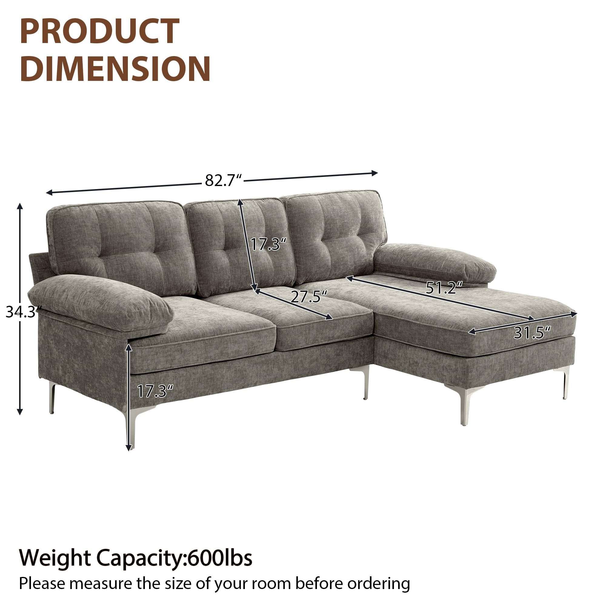 YuuYee 82" Chenille L Shaped Sectional Couches for Living Room, 3 Seater Comfy Modular Sofa with Chaise for Small Spaces,Mid Century Modern,Deep Seat,Grey