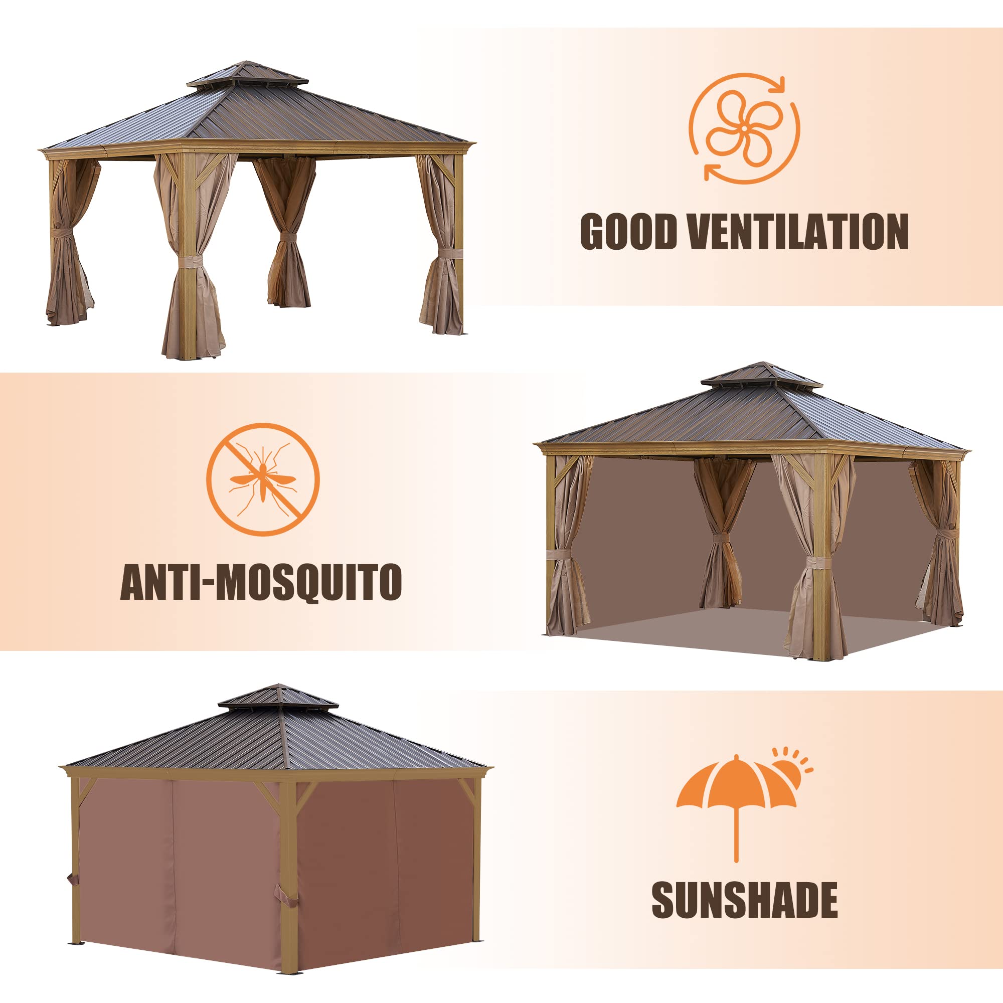 RITSU 12'*12' Gazebo, Permanent Hardtop Outdoor Gazebo, Aluminum Gazebo with Steel Canopy, Removable Mosquito Netting on All Sides, for Patio, Garden, Backyard, Bronze