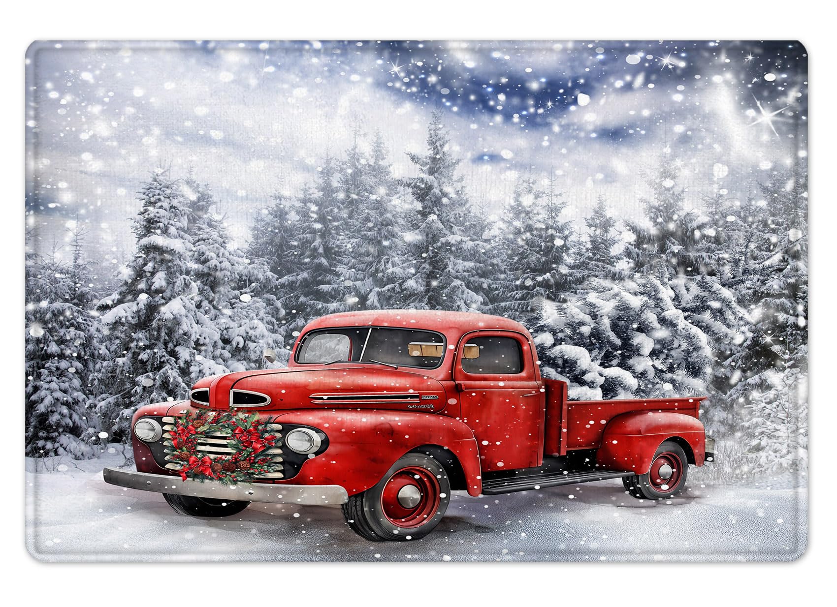 LB Winter Snow Forest Bath Mat Farmhouse Red Truck with Pine Tree Area Rug for Bathroom White Snowflake Doormat Non Slip Memory Foam Super Absorbent Floor Mats,24Wx16H Inch
