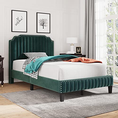 Livavege Full Size Bed Frame, Velvet Upholstered Full Platform Bed Frames with Curved Headboard, Mattress Foundation/Strong Wooden Slats Support/No Box Spring Needed/Easy Assembly, Green