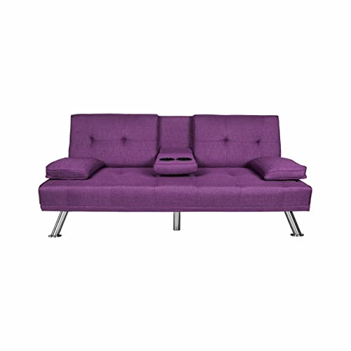 Convertible Sofa Bed Adjustable Couch Sleeper Modern Home Recliner Reversible Loveseat Folding Daybed Guest Bed for Living Room,Linen Upholstery,2 Cup Holders,3 Angles,Metal Legs,600lb Capacity